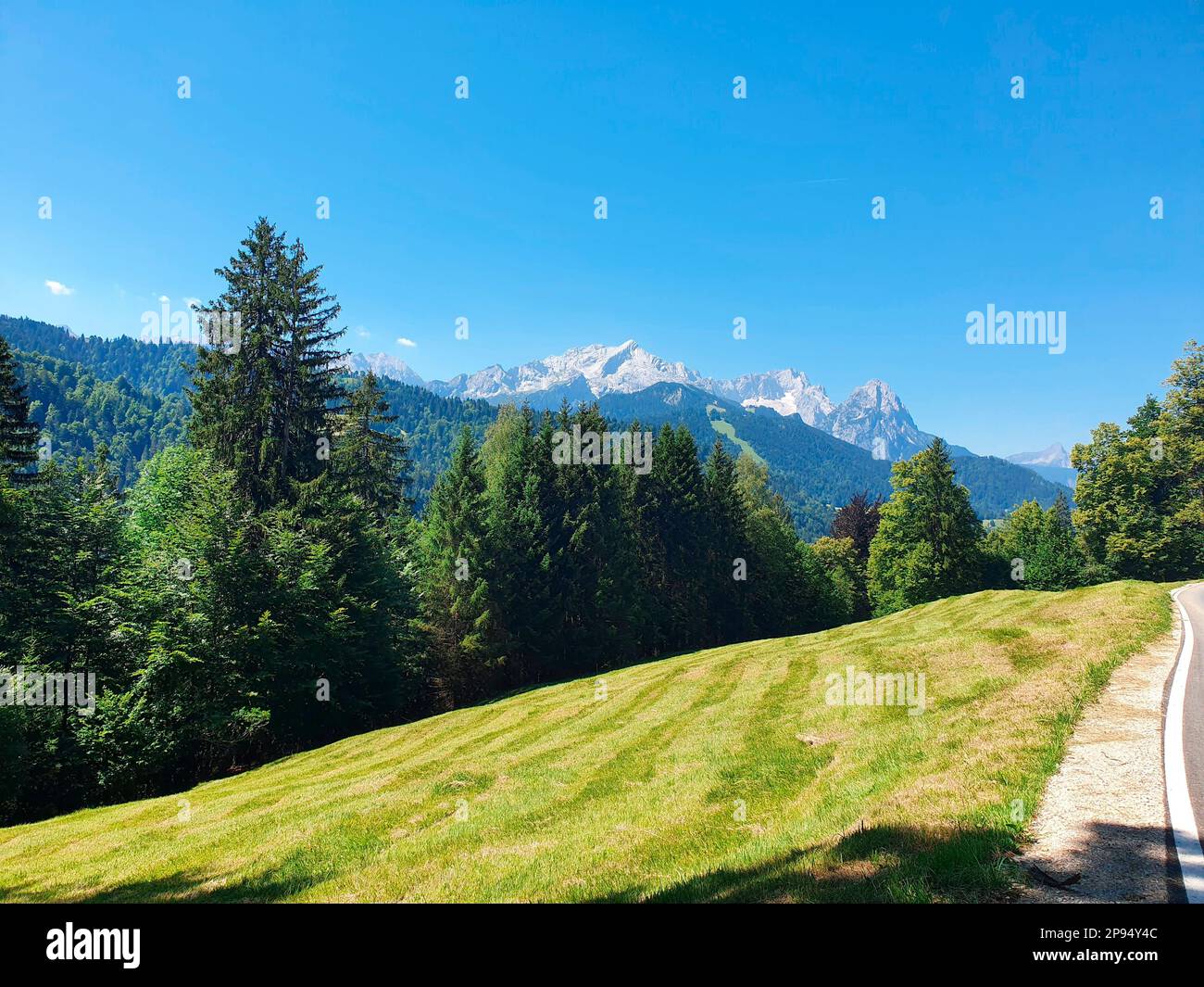 View over meadows to Alpspitze, Zugspitze and Waxenstein Stock Photo ...