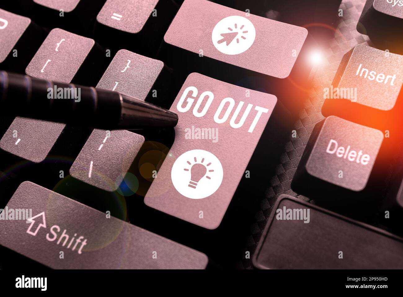 Hand writing sign Go Out. Conceptual photo to leave a room or building ...