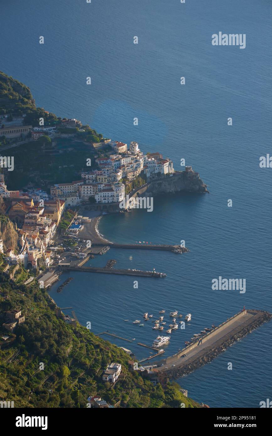 Views down to Amalfi from the cliffs above, San Lazzaro, Amalfi coast ...