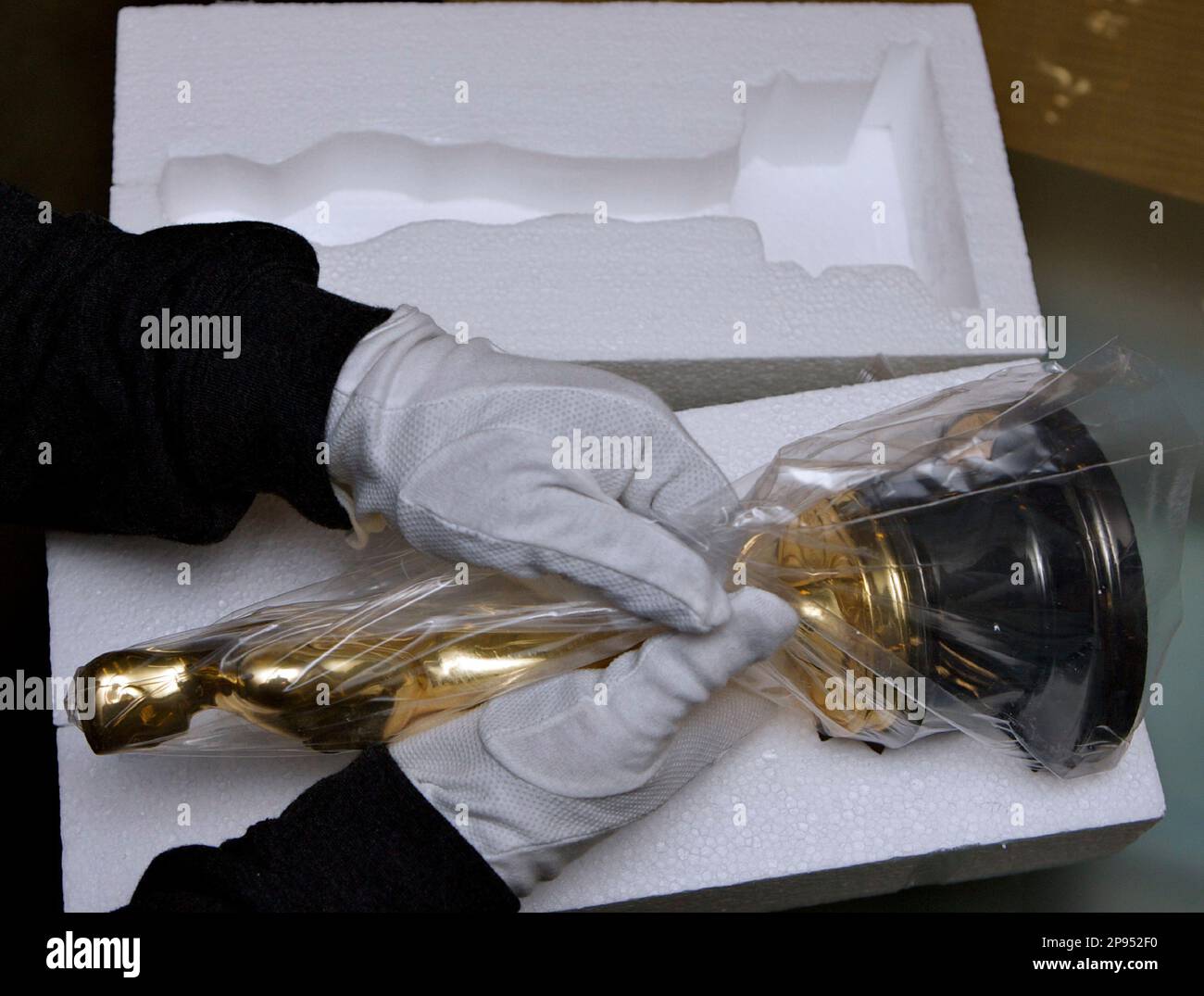 The Oscar #3453 statuette is unpacked by Steve Meissner, the Oscar keeper, at the Academy of ...