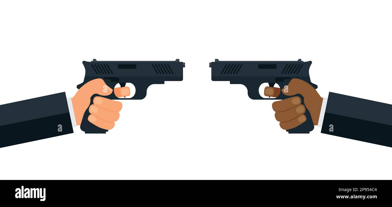 Vector illustration of hands hold and pointing two guns on white ...