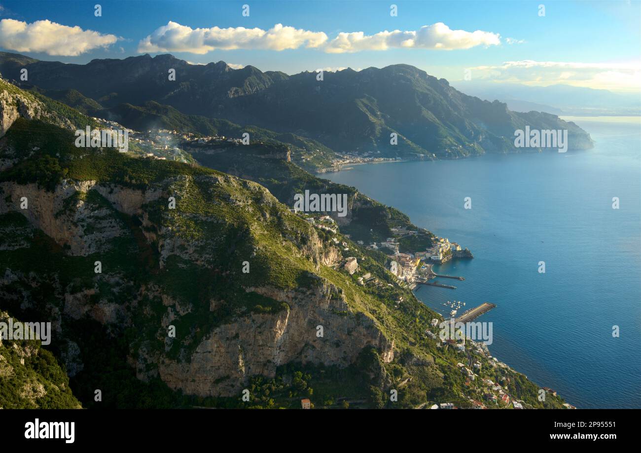 Views down to Amalfi from the cliffs above, San Lazzaro, Amalfi coast ...