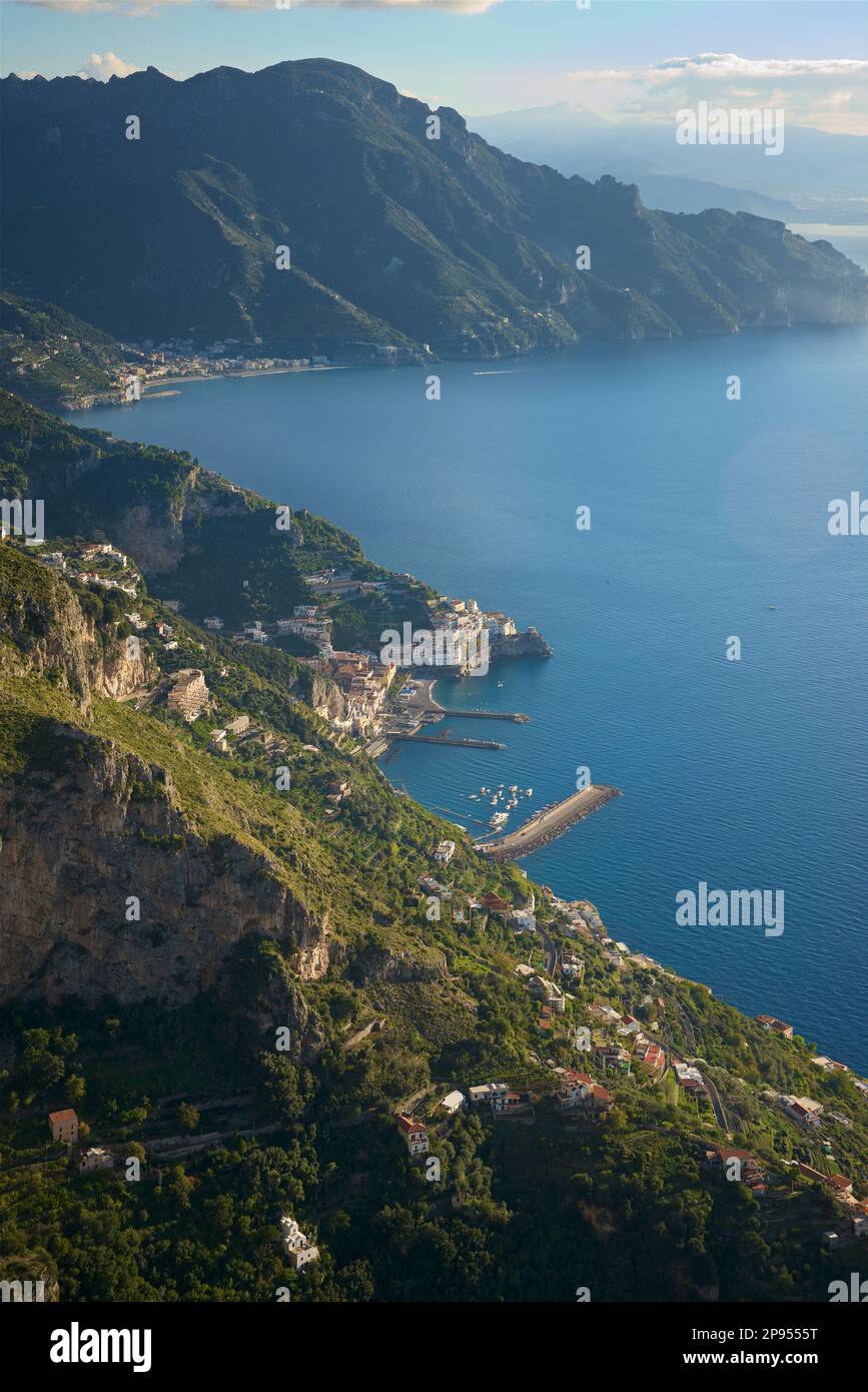 Views down to Amalfi from the cliffs above, San Lazzaro, Amalfi coast ...