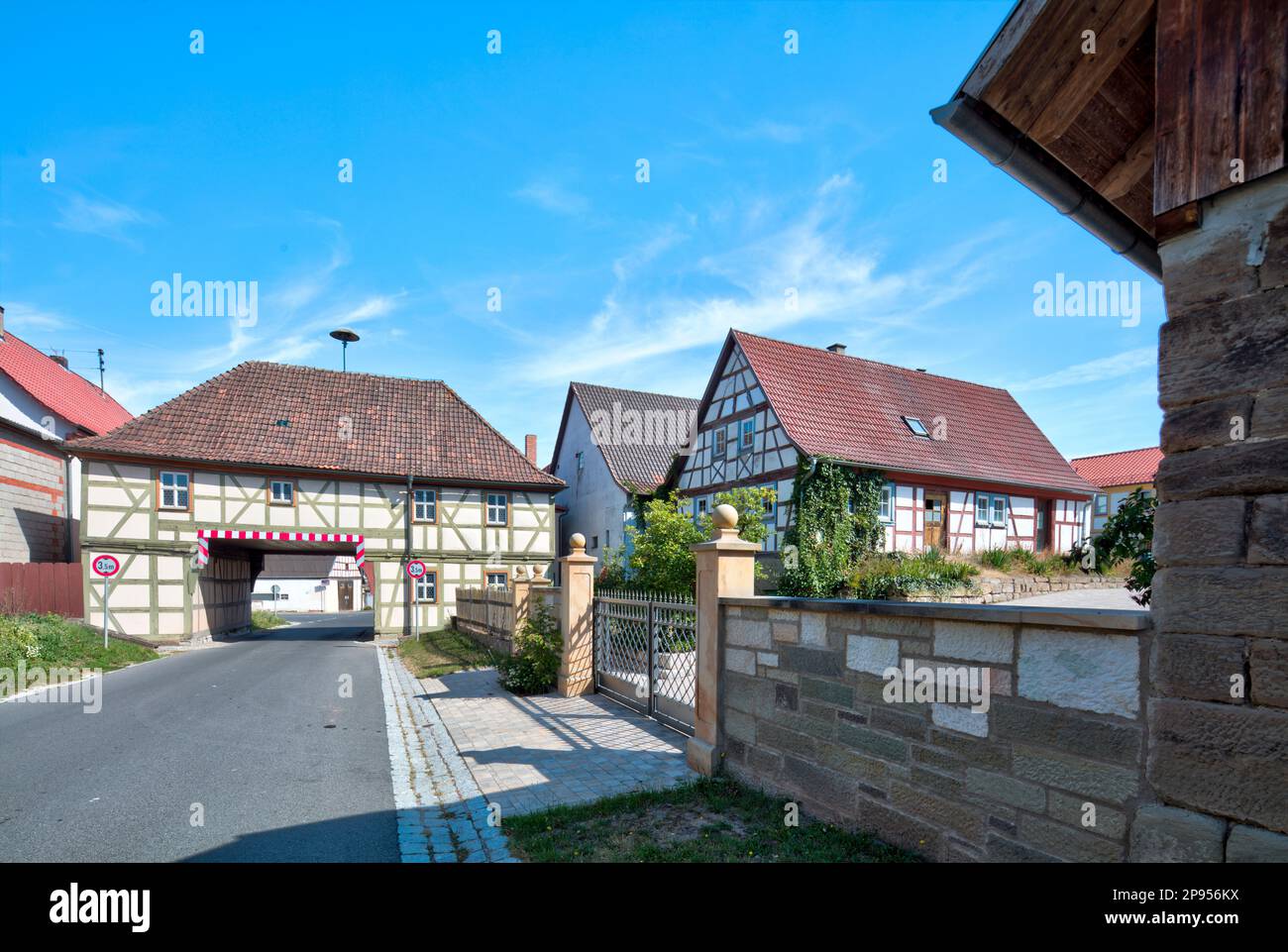 Gatehouse, half-timbered house, village view, Trappstadt, county Rhön ...