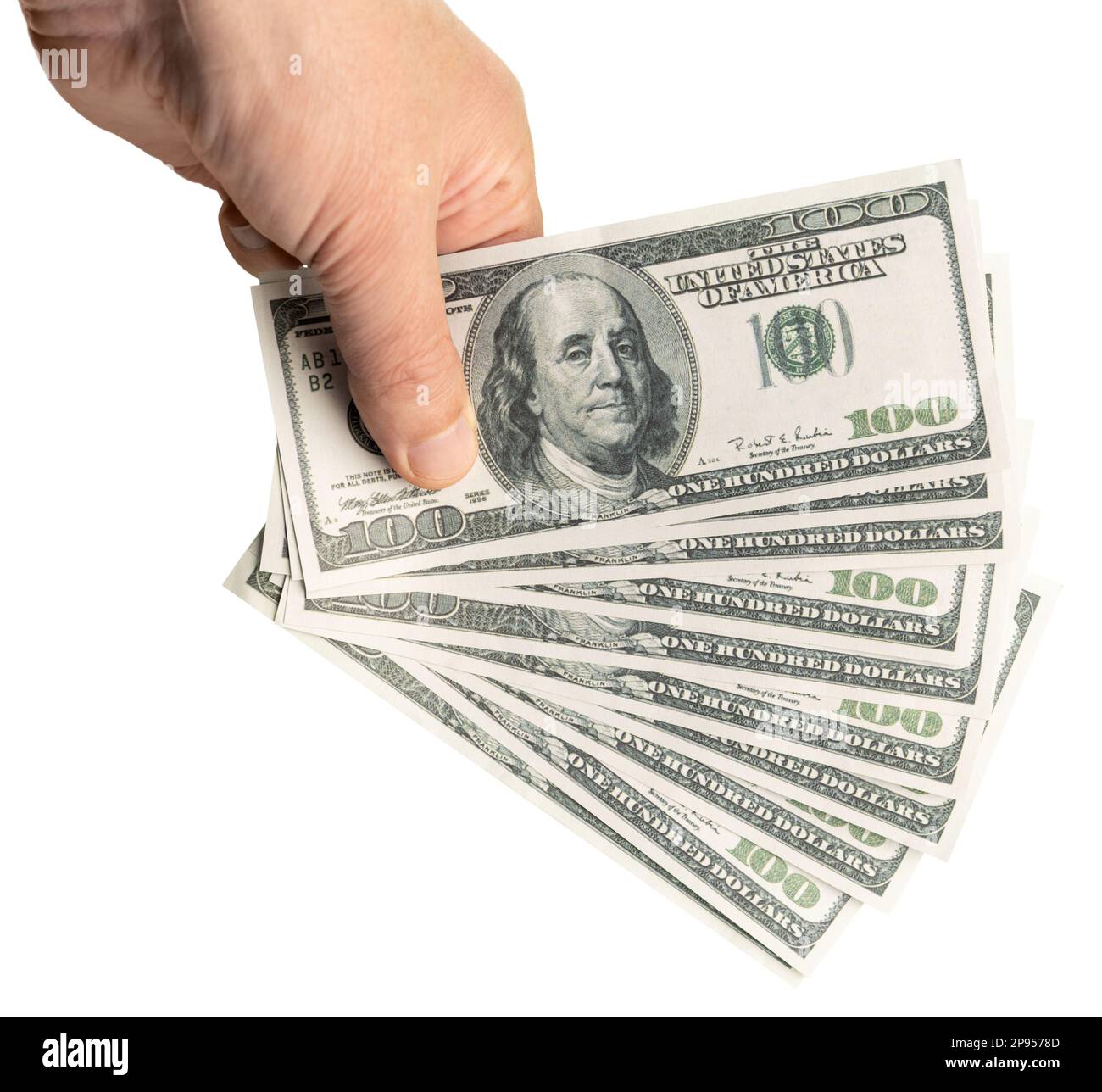 Hand with several hundred dollar bills isolated on white background ...
