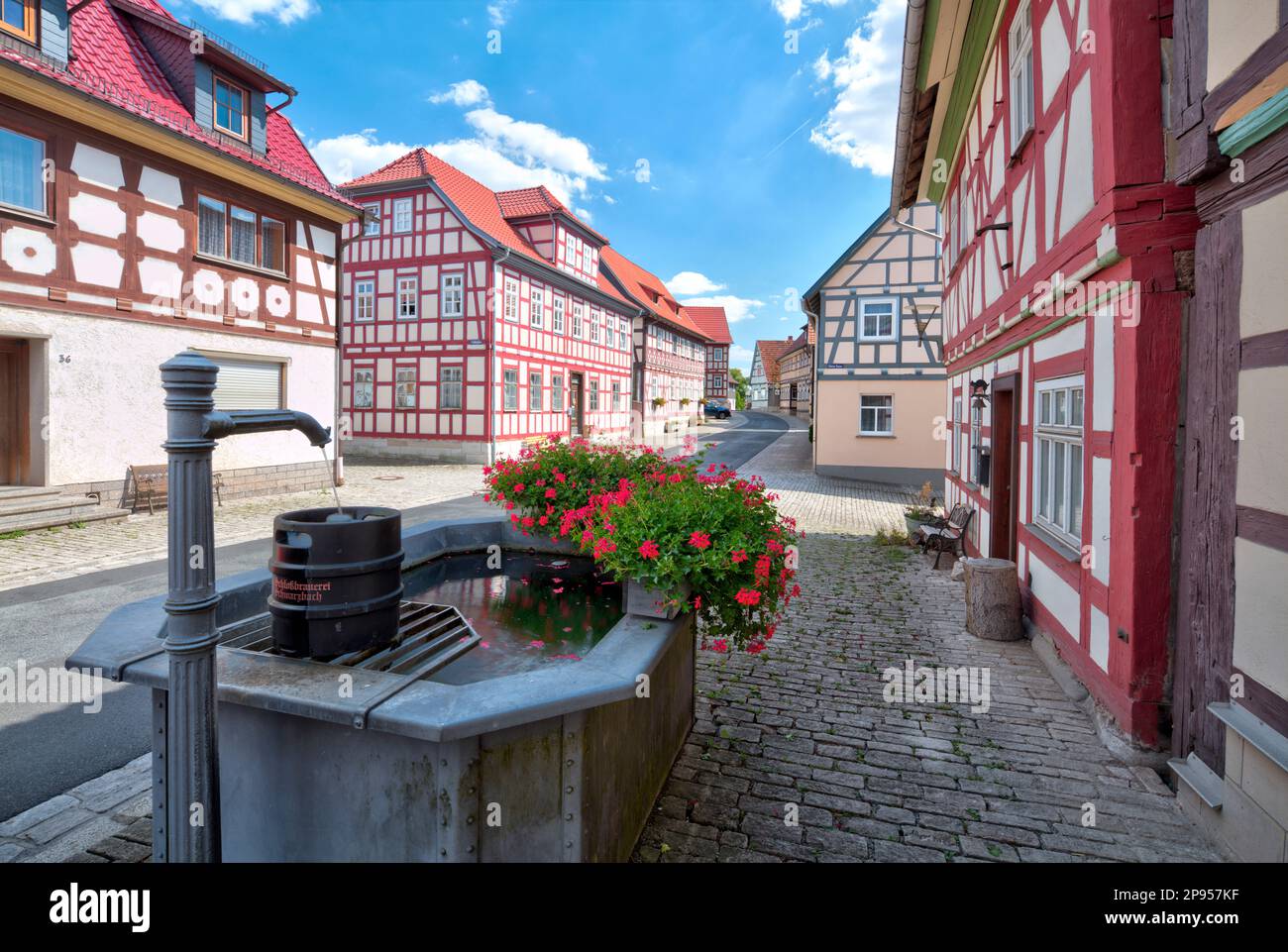 House facade, wooden door, window, half-timbered, village view, summer ...