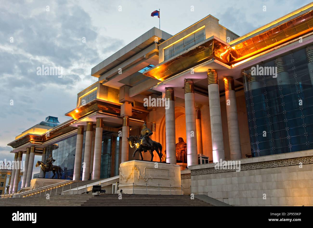 Parliament building on Süchbaatar square with Genghis Khan monument at ...