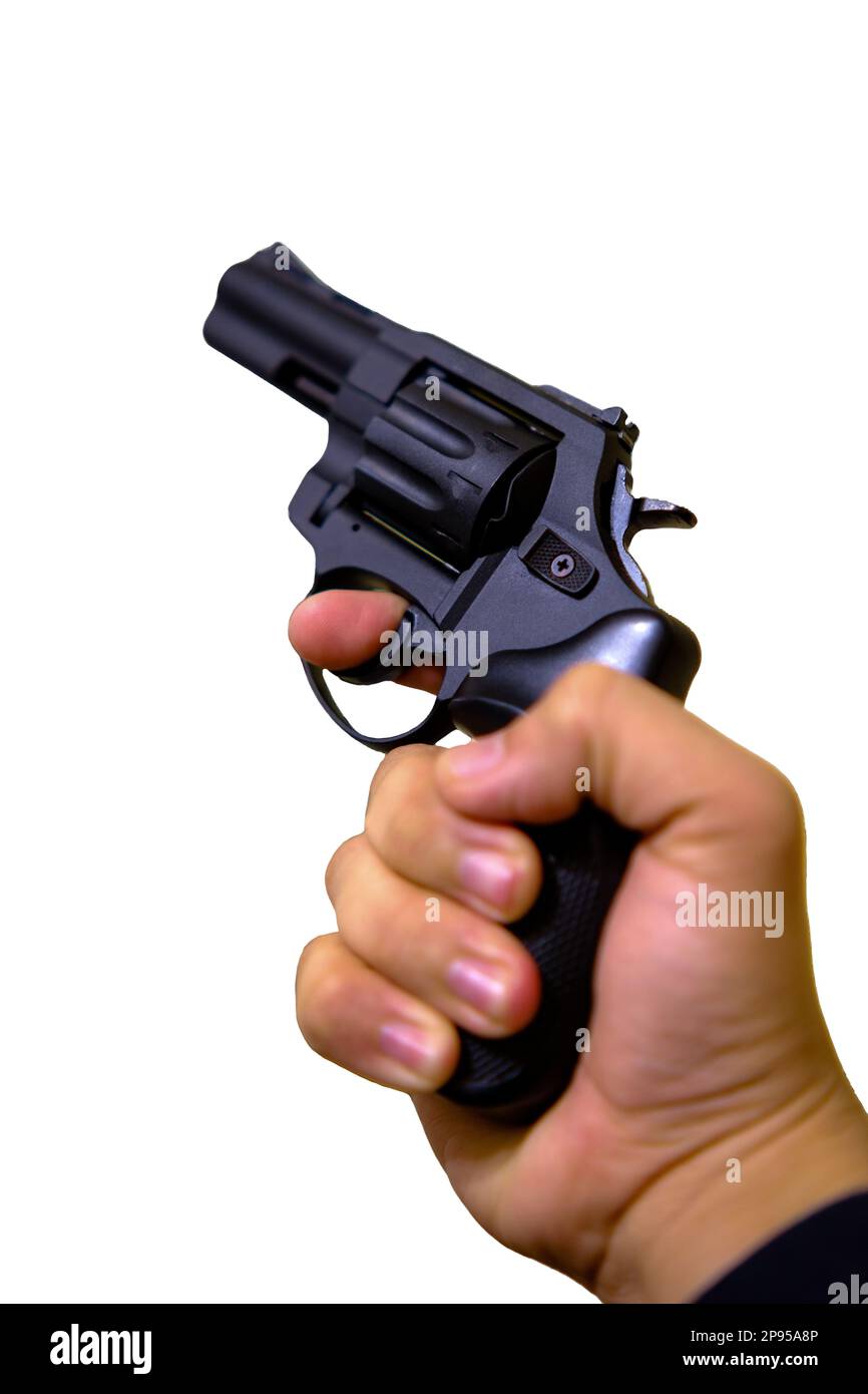 Hands holding gun isolated on white background. Warning shot up Stock ...
