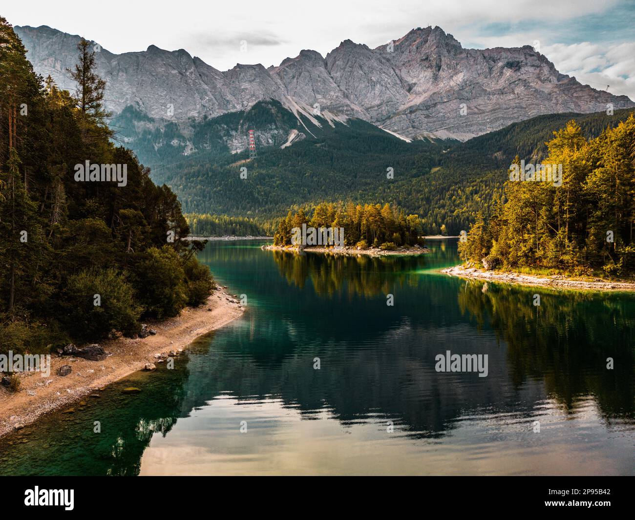 Island in the lake Eibsee, Garmisch-Partenkirchen, Bavaria, Germany ...