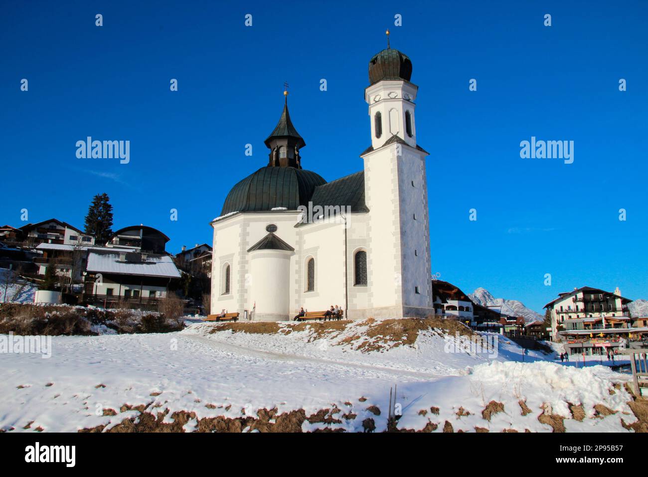 Austria, Tyrol, Seefeld, Seekirchl, winter mountain landscape, church ...