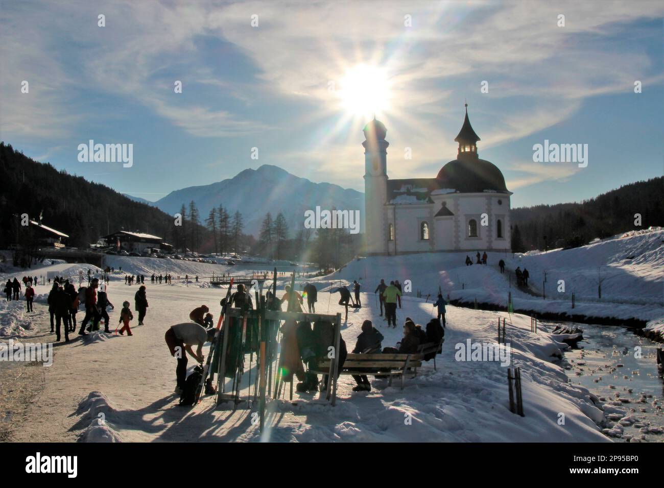 Austria, Tyrol, Seefeld, Seekirchl, winter mountain landscape, church ...