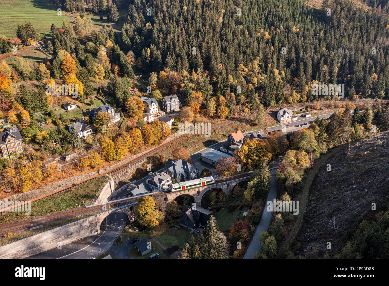 Germany, Thuringia, Lauscha, regional train, bridge, train 2133, valley ...