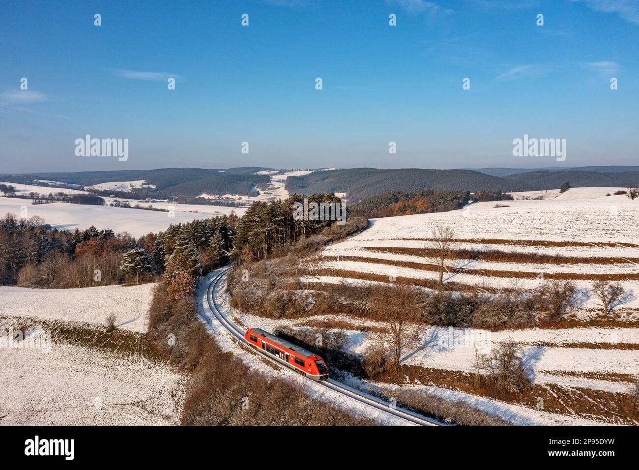 Germany, Thuringia, Bechstedt, railcar driving in a curve, regional ...