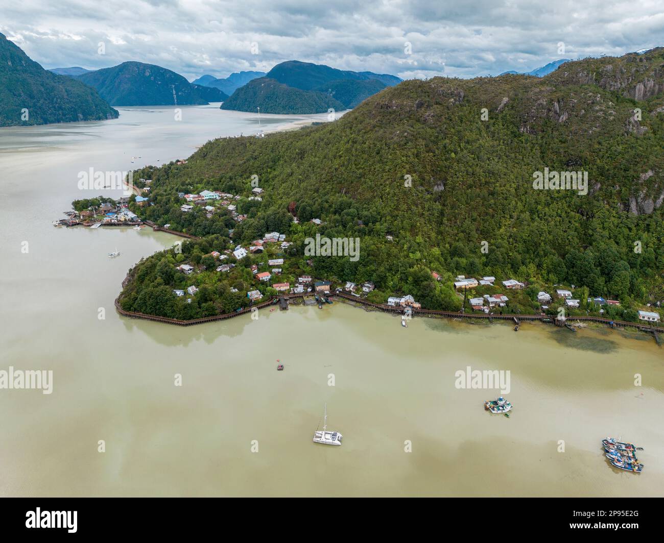 Drone view of Caleta Tortel with its small cabins - Discovering the ...