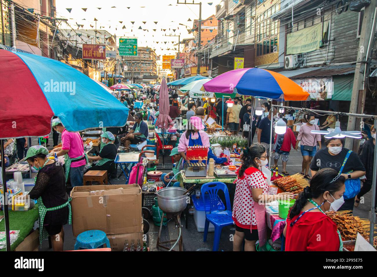 A traditional street festival with countless food stalls in Thailand ...