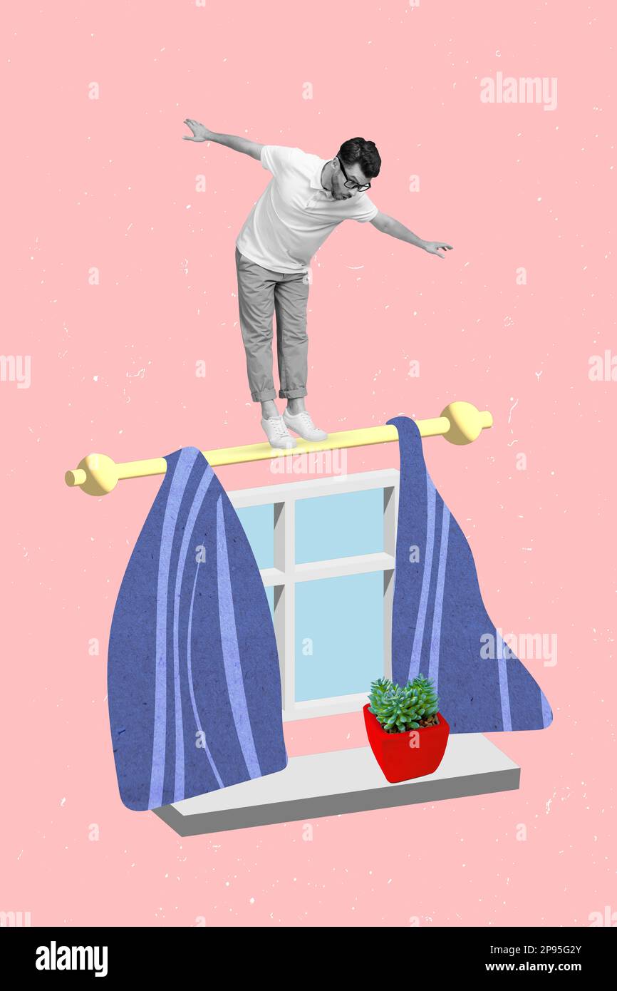 Creative photo collage of young funny excited man dangerous falling ...