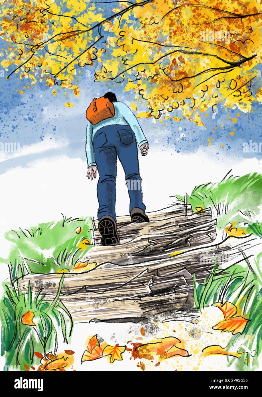 A person laces up his walking shoes. Color drawing / illustration Stock ...
