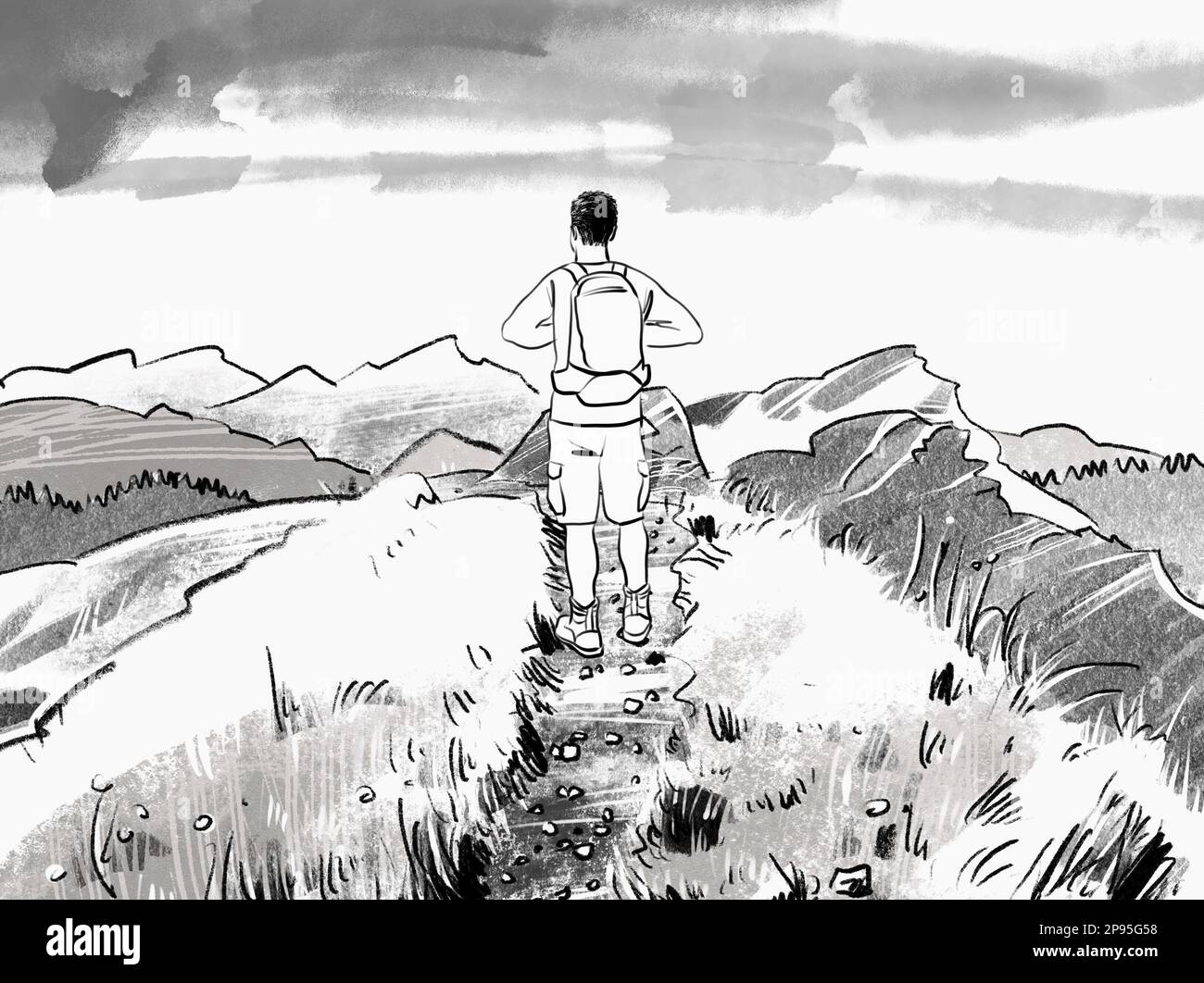 A hiker enjoys the view of an alpine landscape. black and white drawing ...