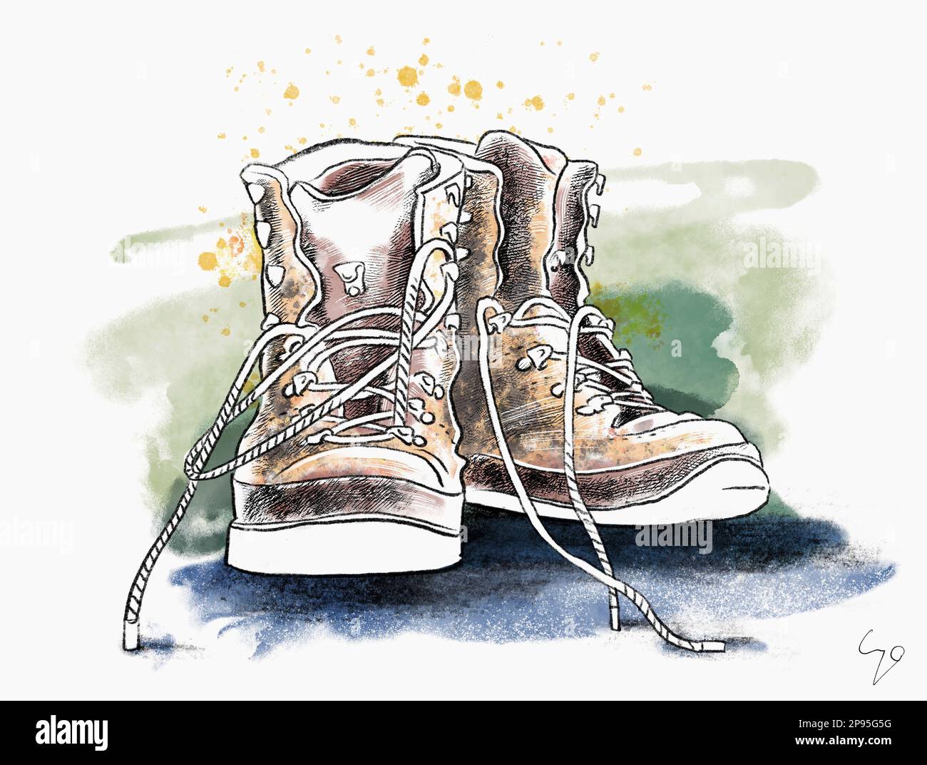 Worn hiking boots, drawn and colored. Illustration Stock Photo - Alamy