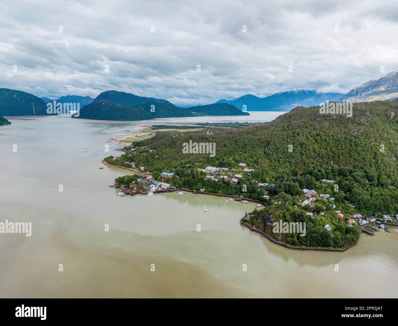 Drone view of Caleta Tortel with its small cabins - Discovering the ...