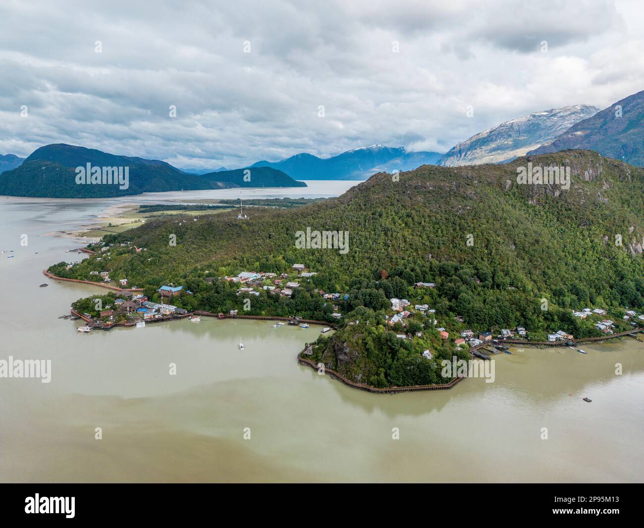 Drone view of Caleta Tortel with its small cabins - Discovering the ...