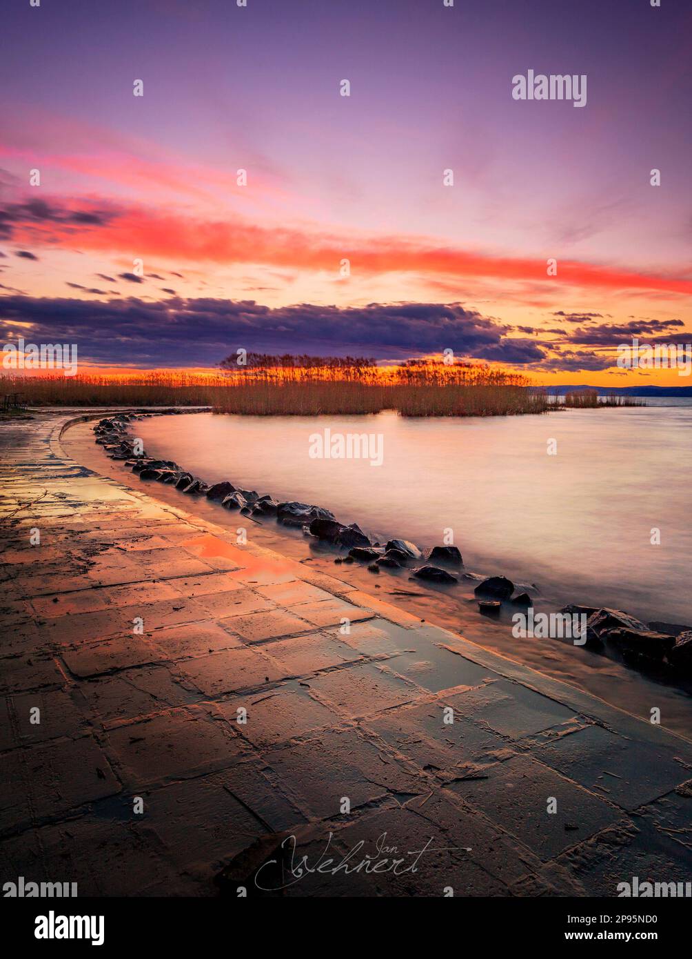 Sunset at Balaton, Lake Balaton in Hungary, romantic view over Siofok ...