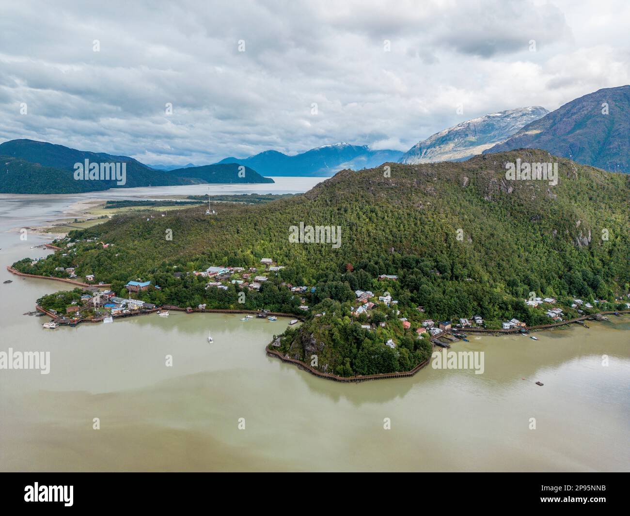 Drone view of Caleta Tortel with its small cabins - Discovering the ...