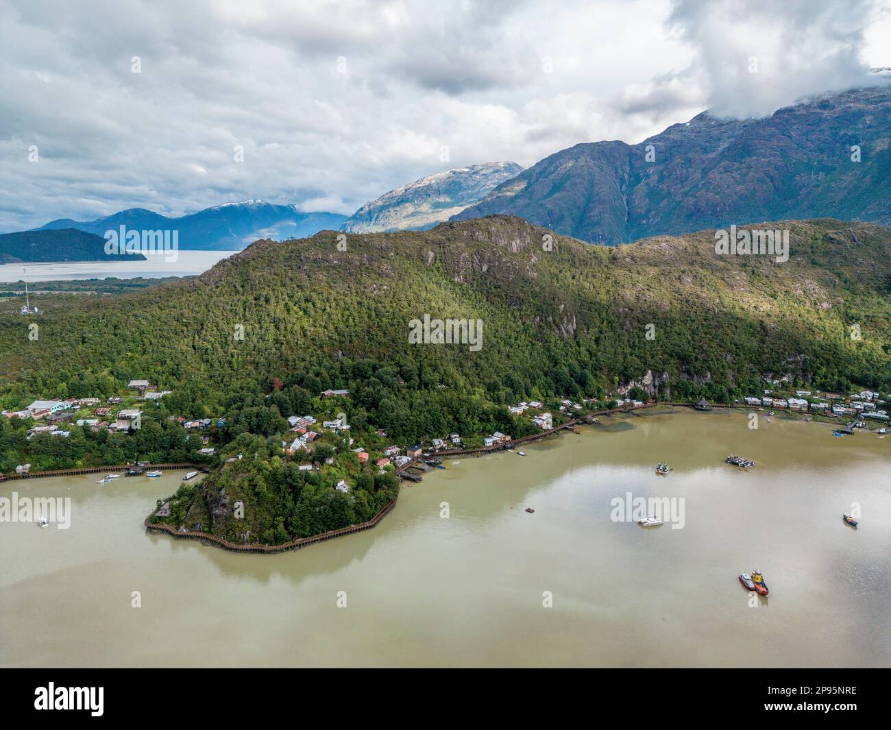 Drone view of Caleta Tortel with its small cabins - Discovering the ...