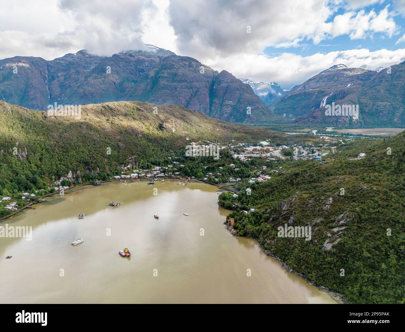 Drone view of Caleta Tortel with its small cabins - Discovering the ...