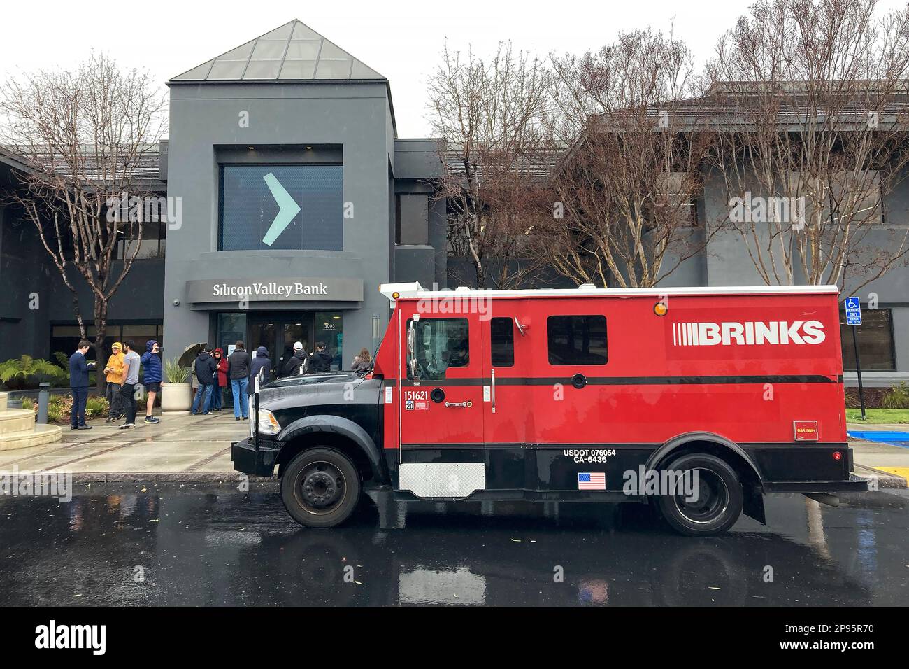 A Brinks truck is parked outside of Silicon Valley Bank in Santa Clara ...