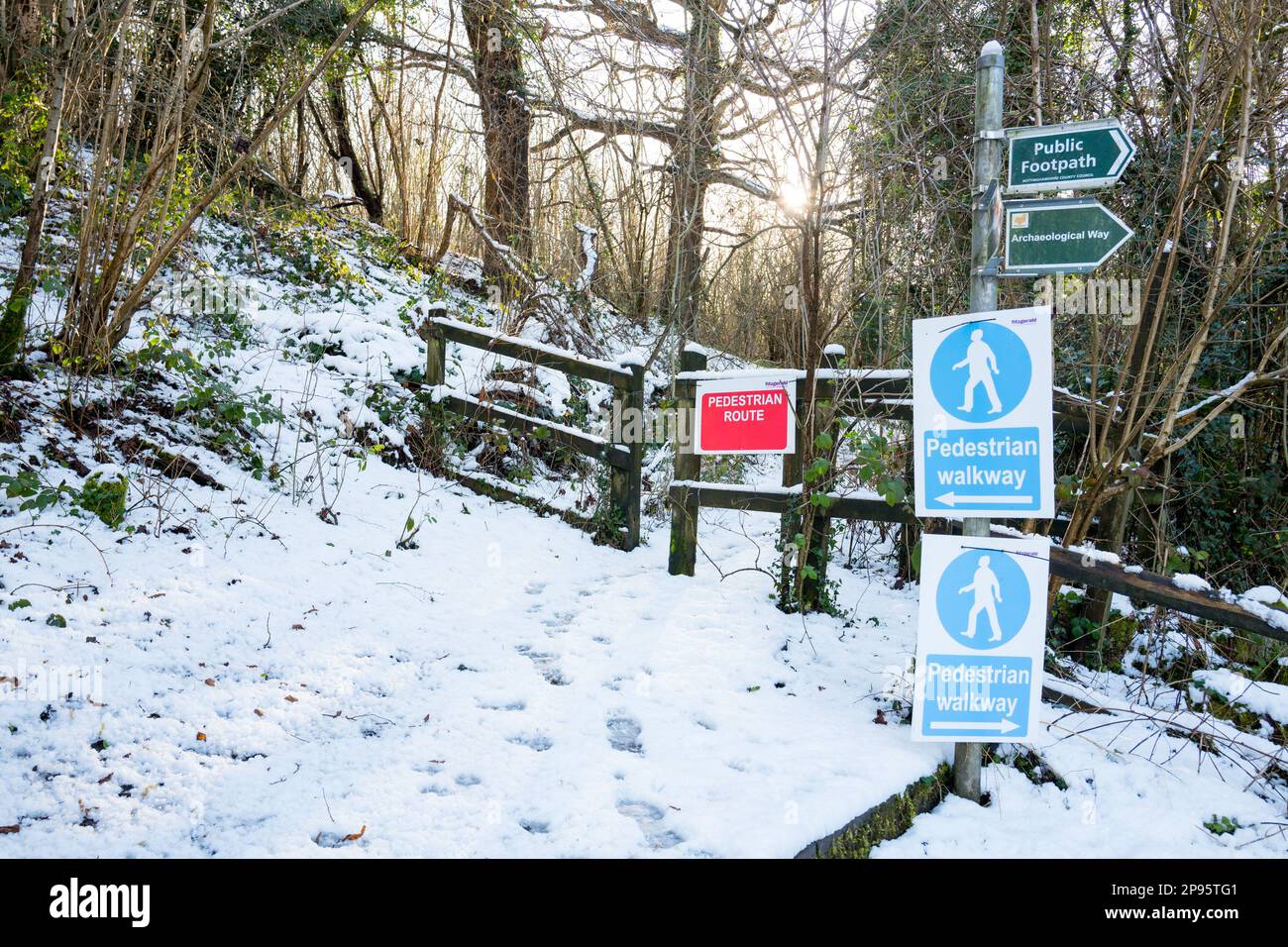 Footpath signs for the archaeological way in Nottinghamshire with snow ...