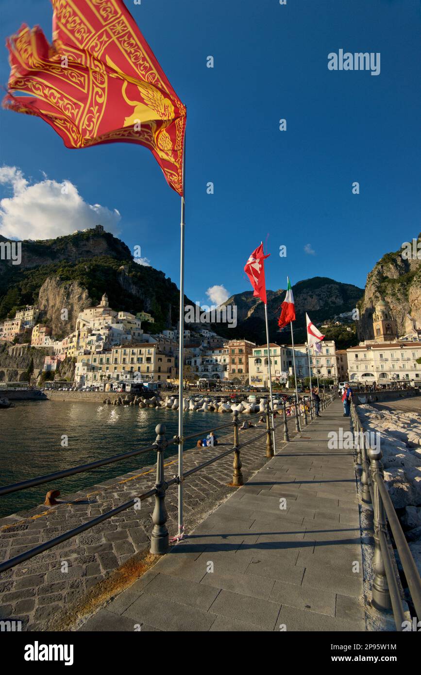 Venetian flag in flying on a flagpole amongst other flags on the main ...