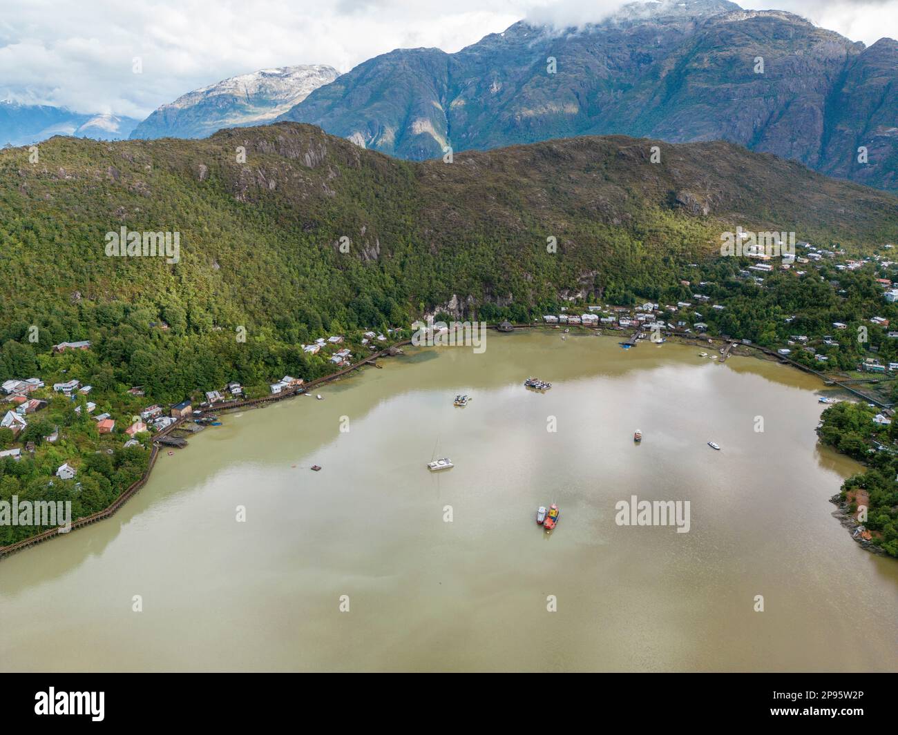 Drone view of Caleta Tortel with its small cabins - Discovering the ...