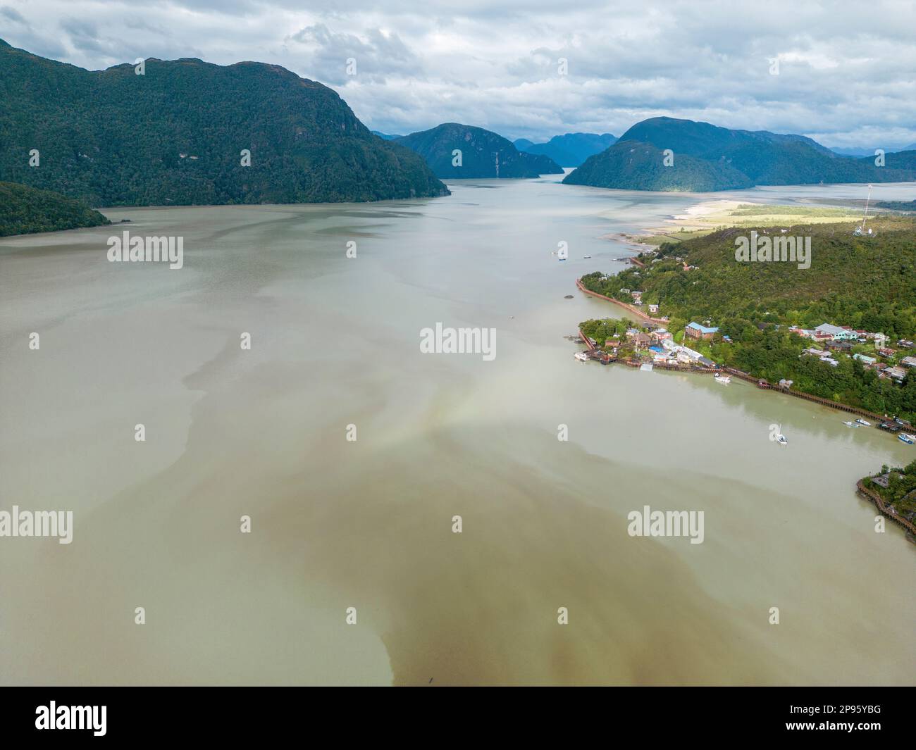 Drone view of Caleta Tortel with its small cabins - Discovering the ...