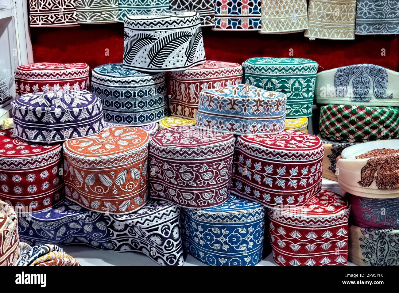 Traditional kuma caps for sale in the Mutrah Souq, Muscat, Oman Stock ...