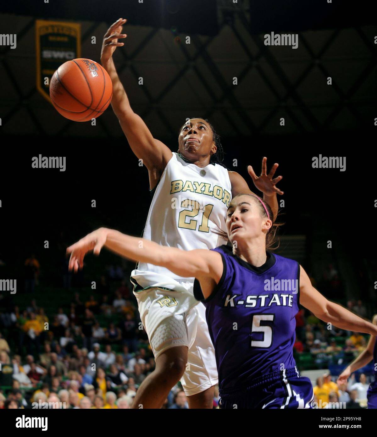 Kansas State Shalee Lehning (5) blocks the shot of Baylor's Kelli ...