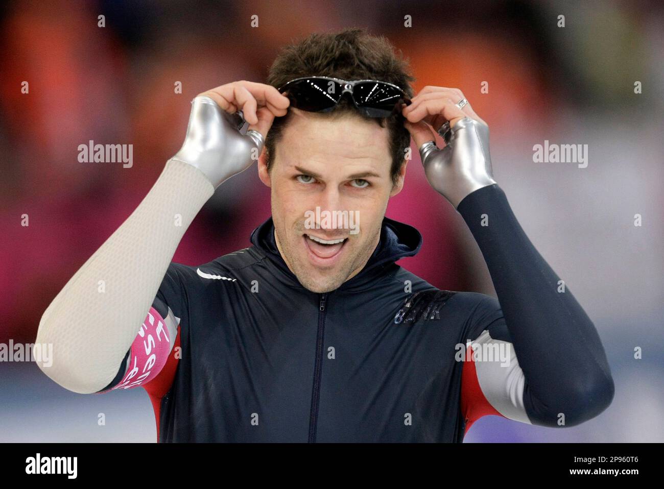 Chad Hedrick of the U.S. reacts after competing in a men's 500 meter ...