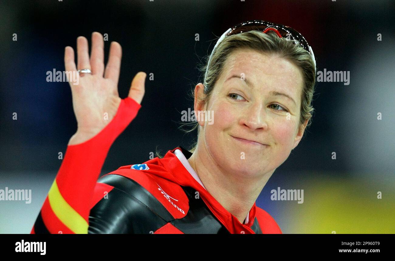 Germany's Claudia Pechstein waves after competing in the women's 500 ...