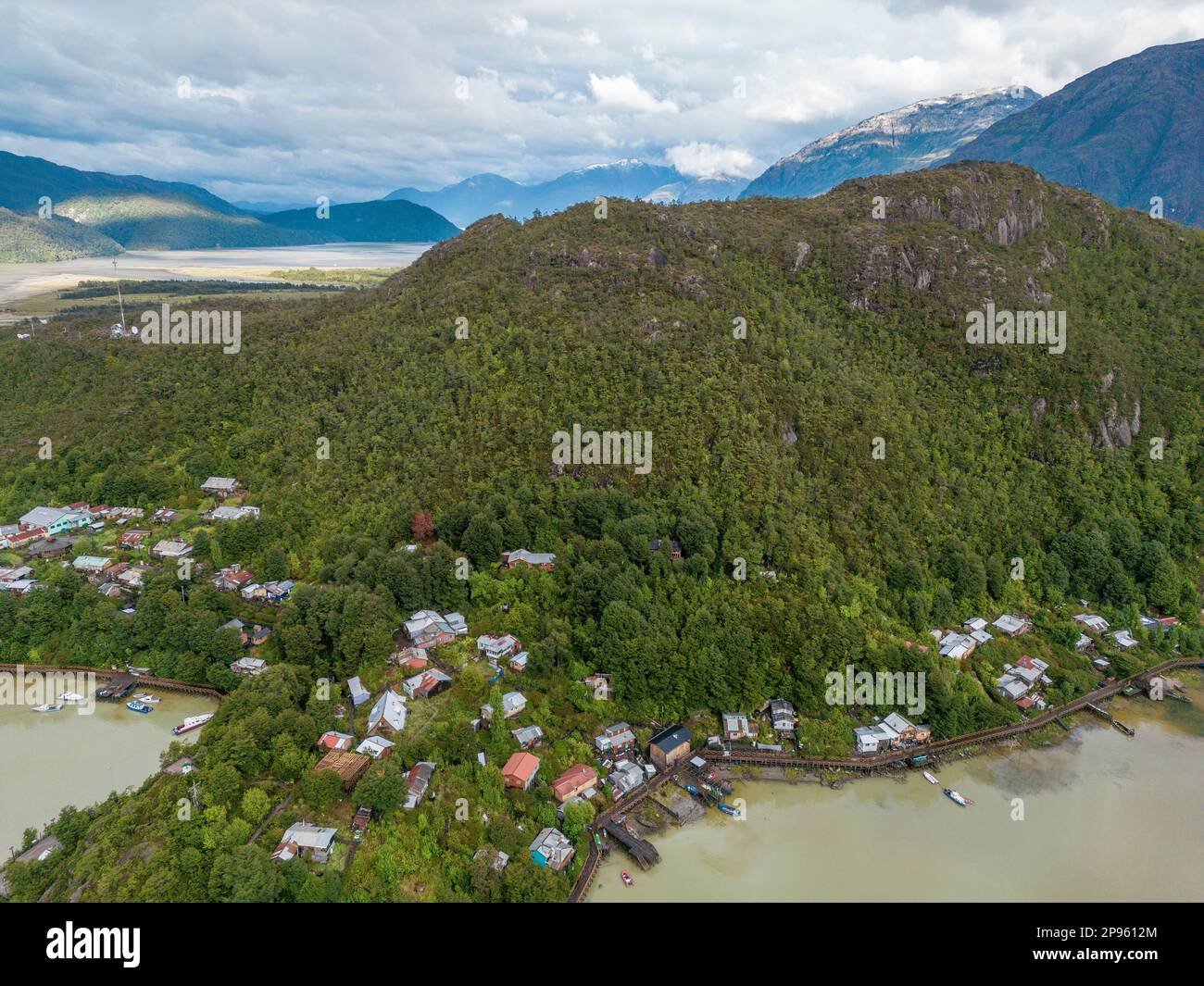 Drone view of Caleta Tortel with its small cabins - Discovering the ...