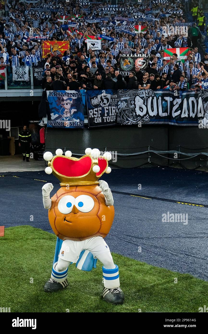 Mascot of Real Sociedad, Joseba Zaldua of Real Sociedad before the ...