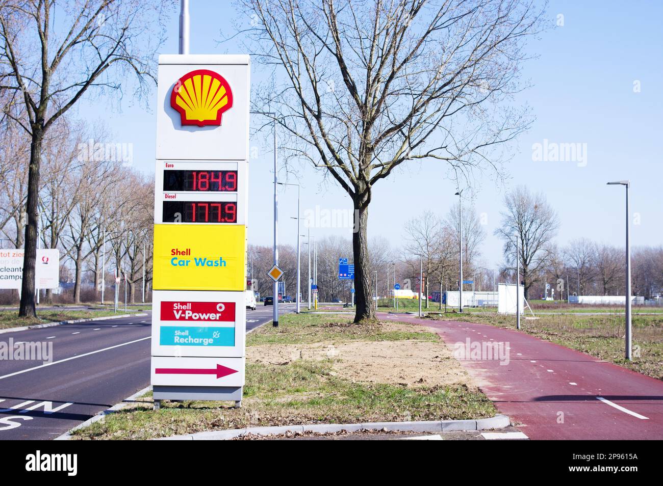 Arnhem, Netherlands - March 2, 2023: Large information pillar with fuel ...