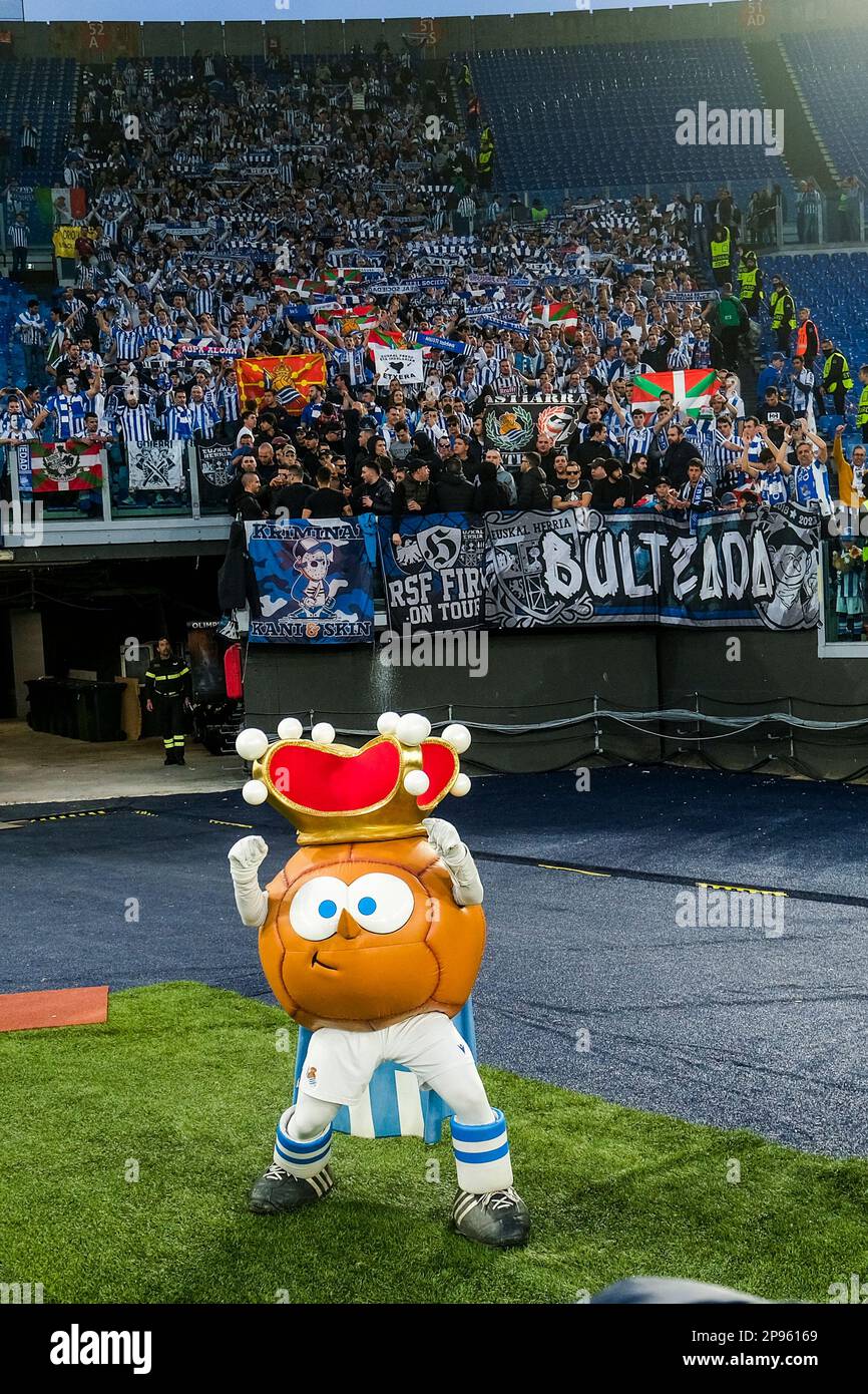 Mascot of Real Sociedad, Joseba Zaldua of Real Sociedad before the ...