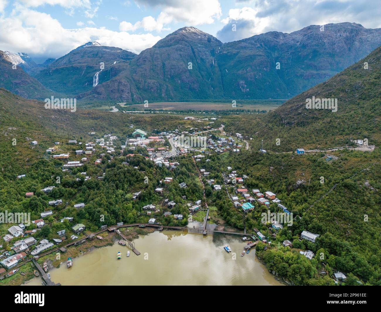 Drone view of Caleta Tortel with its small cabins - Discovering the ...
