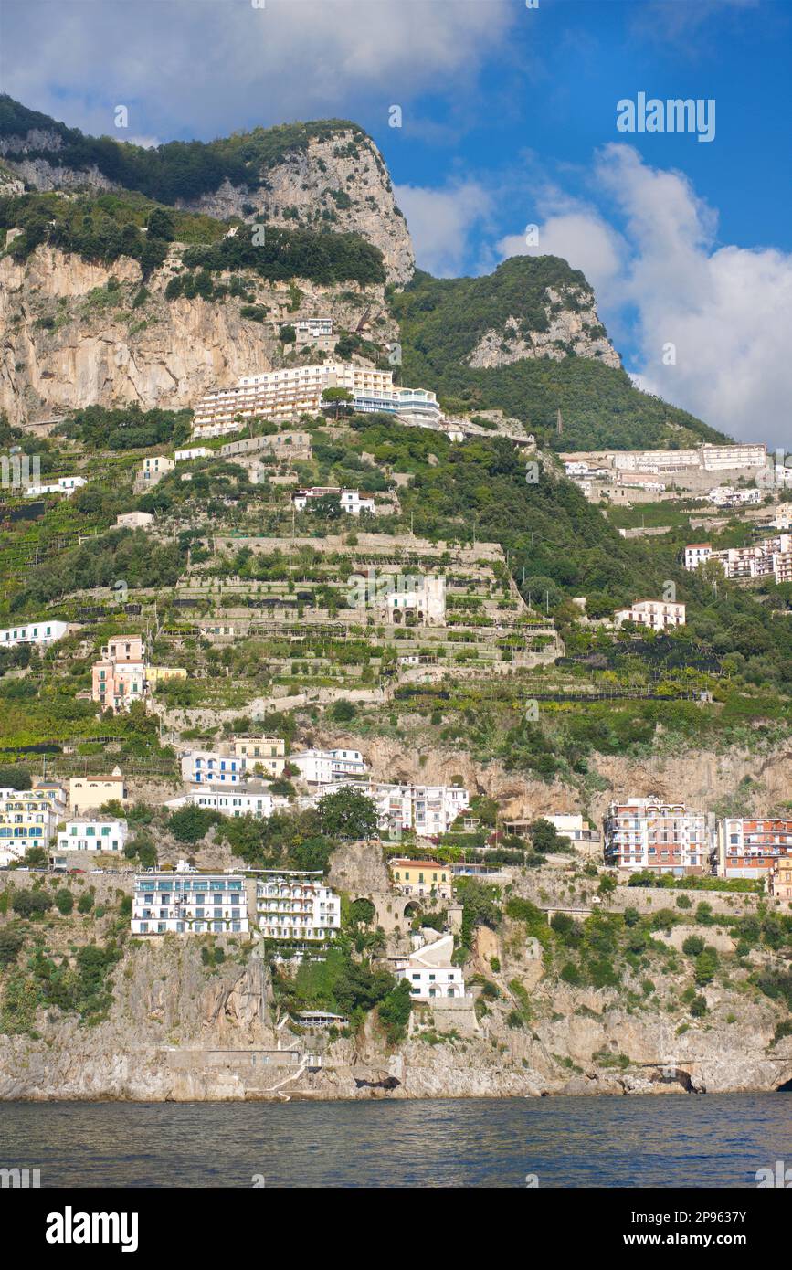Views of the Amalfi coast with scattered housing and hotels seen from a ...