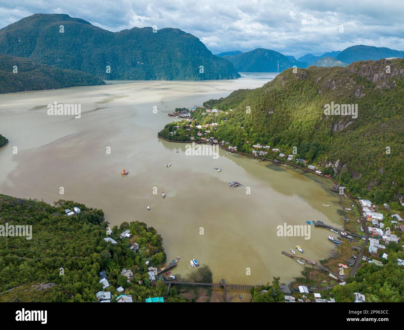 Drone view of Caleta Tortel with its small cabins - Discovering the ...