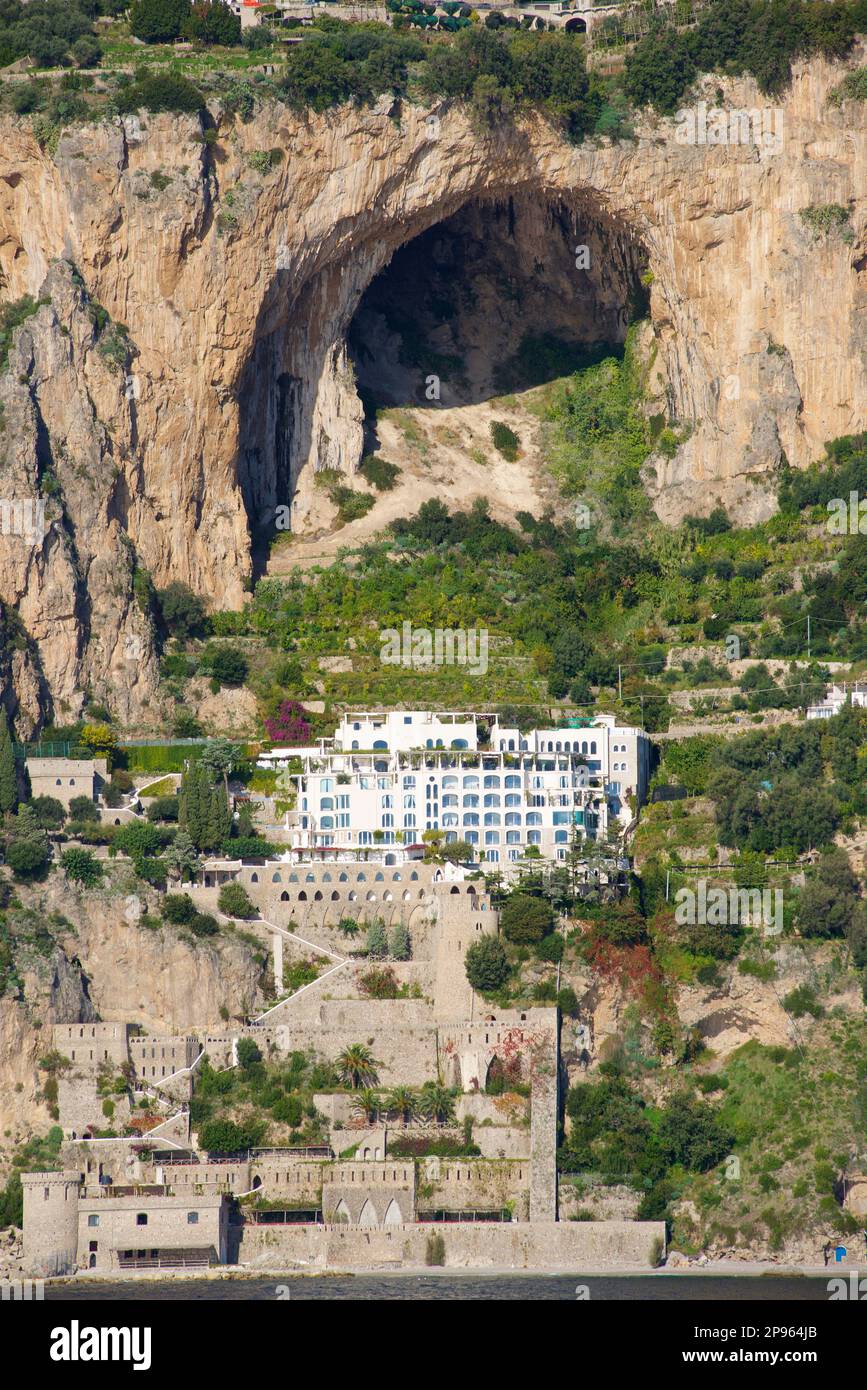 Views of the Amalfi coast with scattered housing and hotels seen from a ...