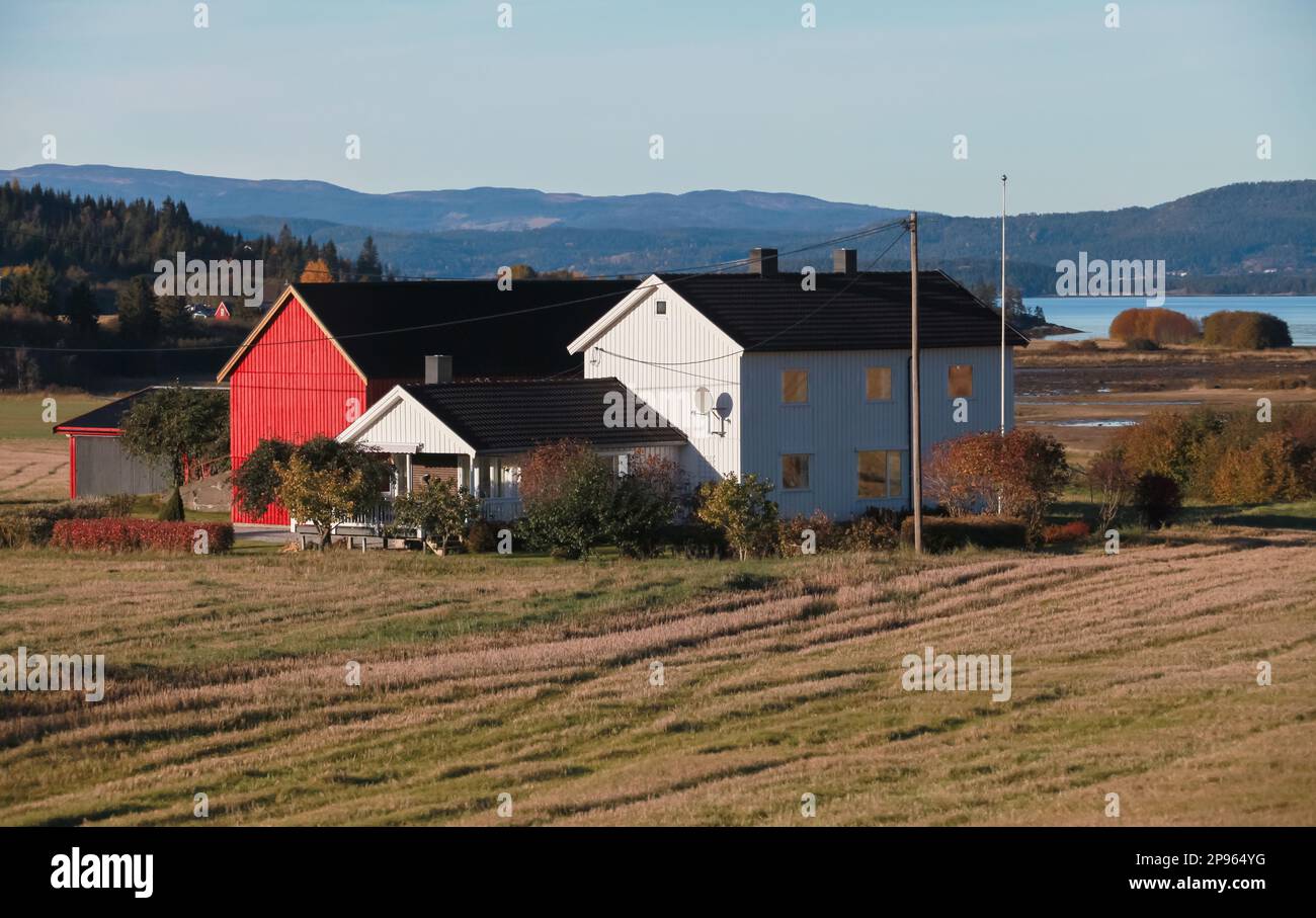 Norwegian landscape with wooden houses and barns on a sunny day Stock ...