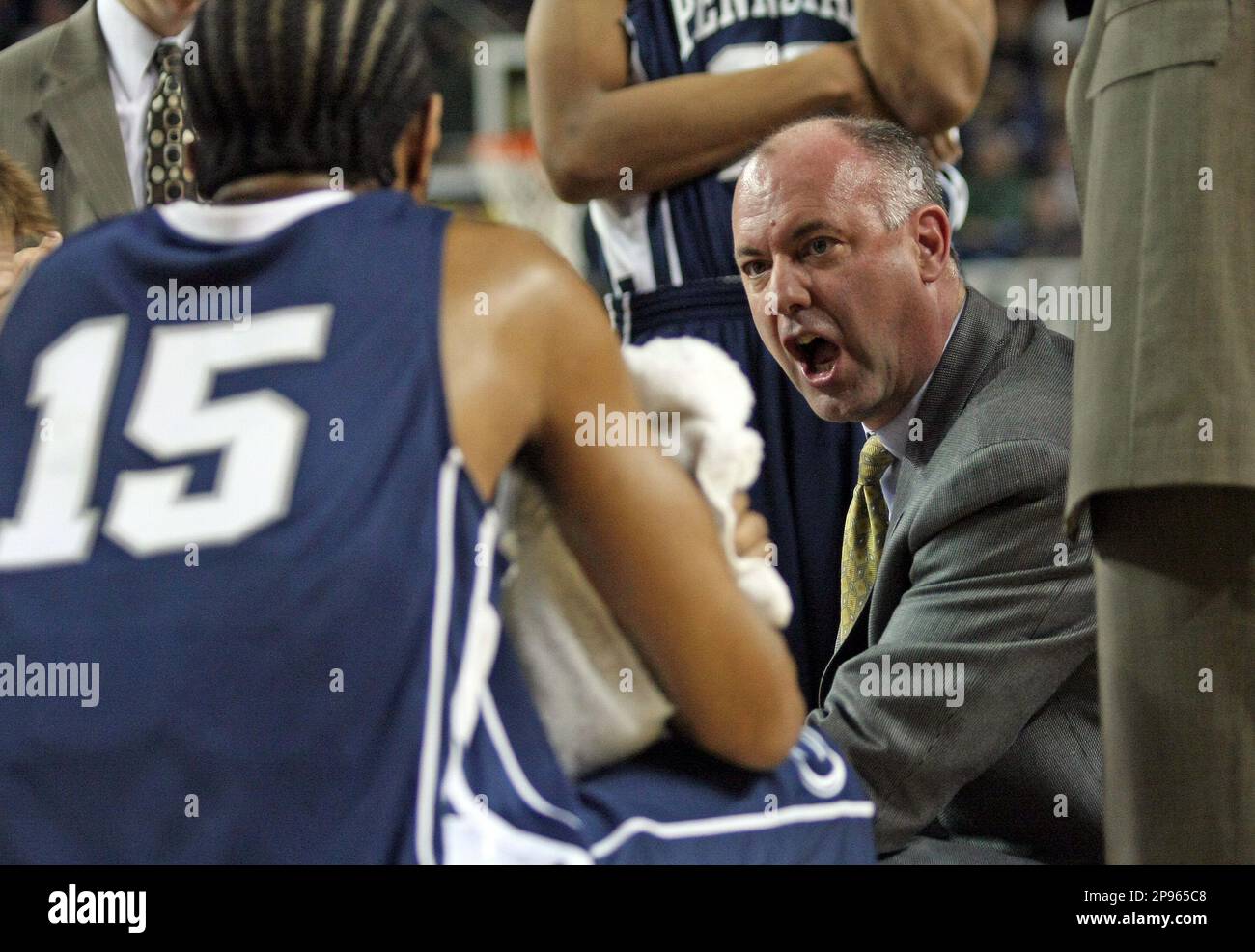 Penn State forward David Jackson (15) and teammates listen to Penn ...