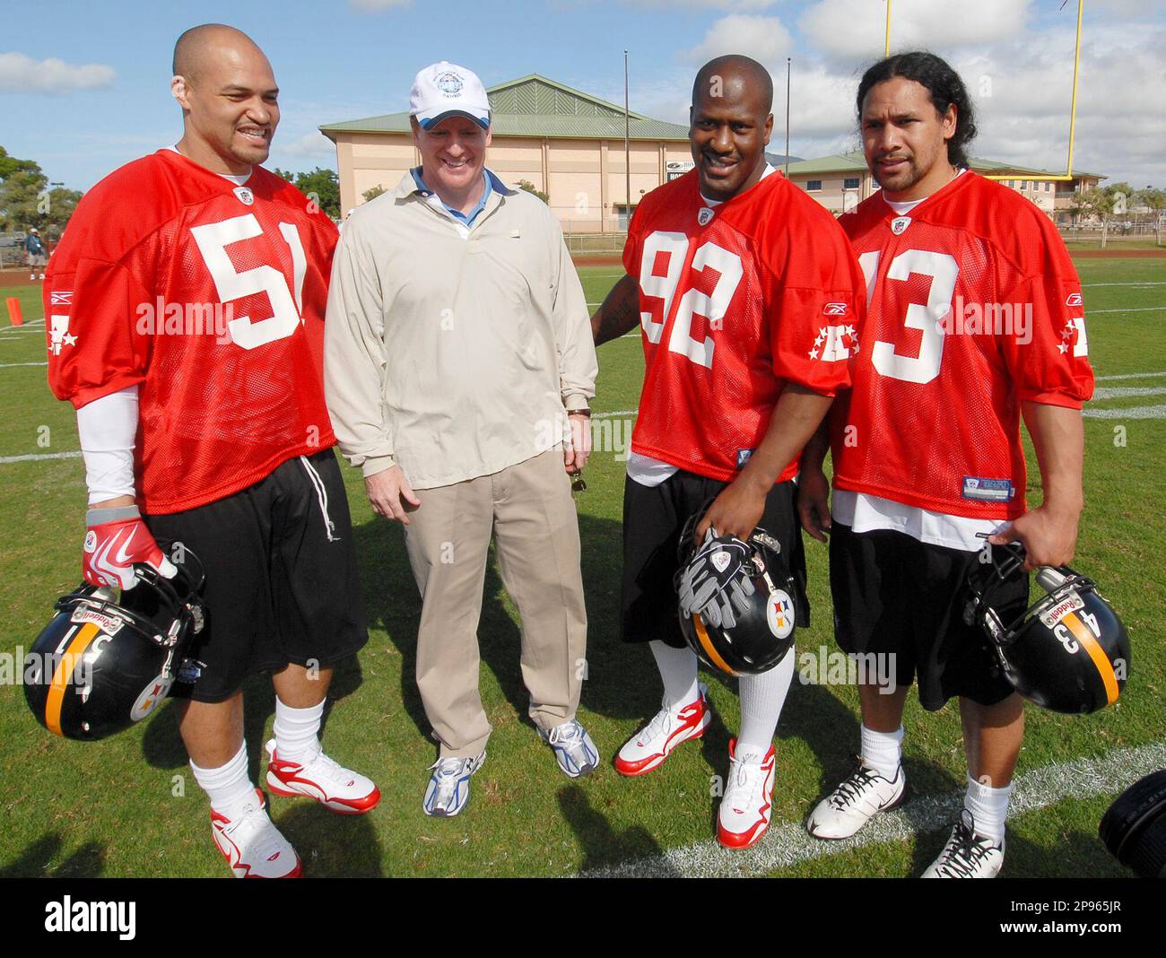 From left, Pittsburgh Steelers' James Farrior, NFL commissioner Roger ...