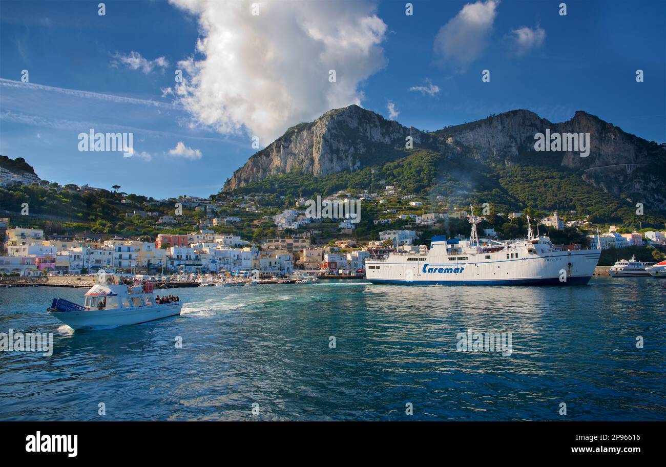Approaching Capri harbour by boat. Capri is an island located in the ...